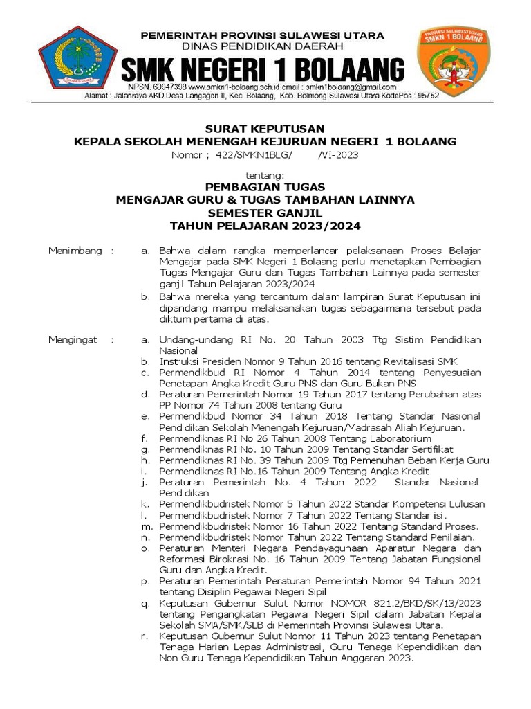 SK Pembagian Tugas Mengajar Ganjil 2023-2024 | PDF