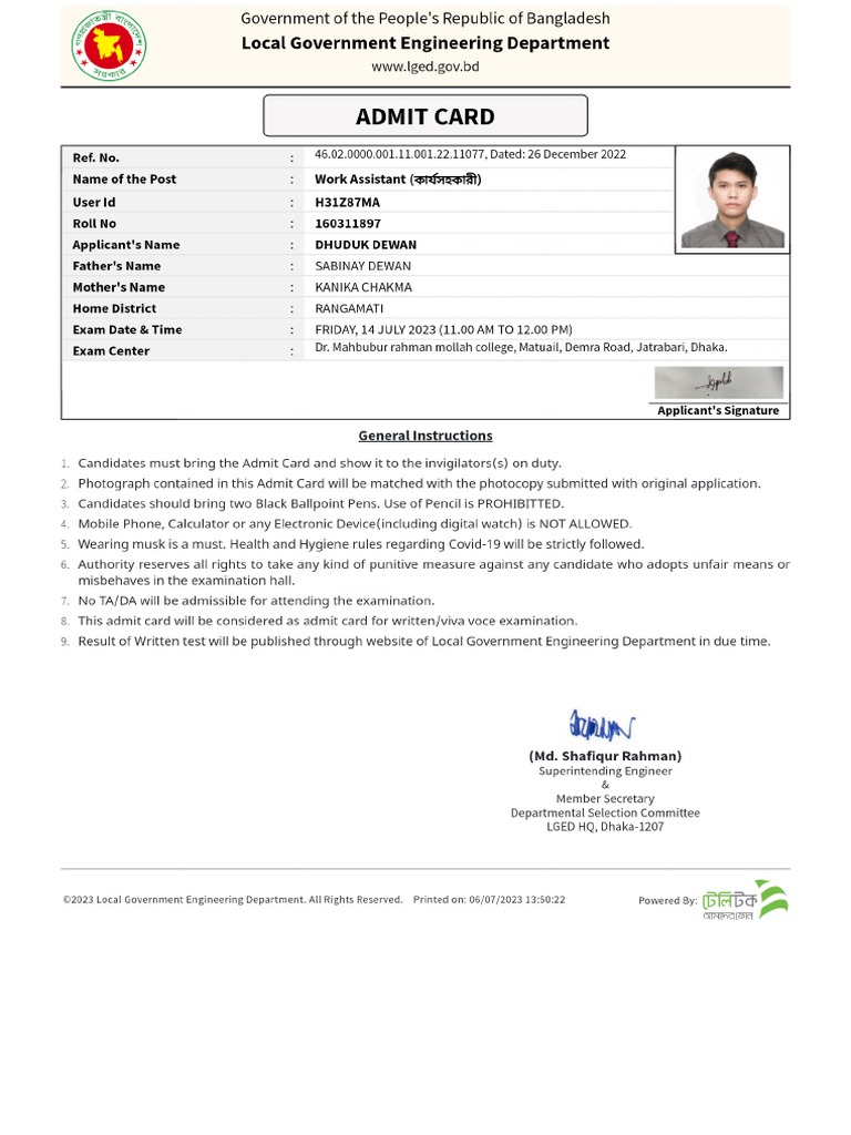 Work Assistant Lged Admit Card - Dhaka Bus Route