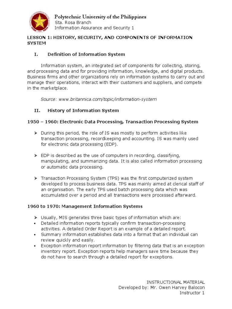IAS Lesson 1. History Security and Components of Information System ...