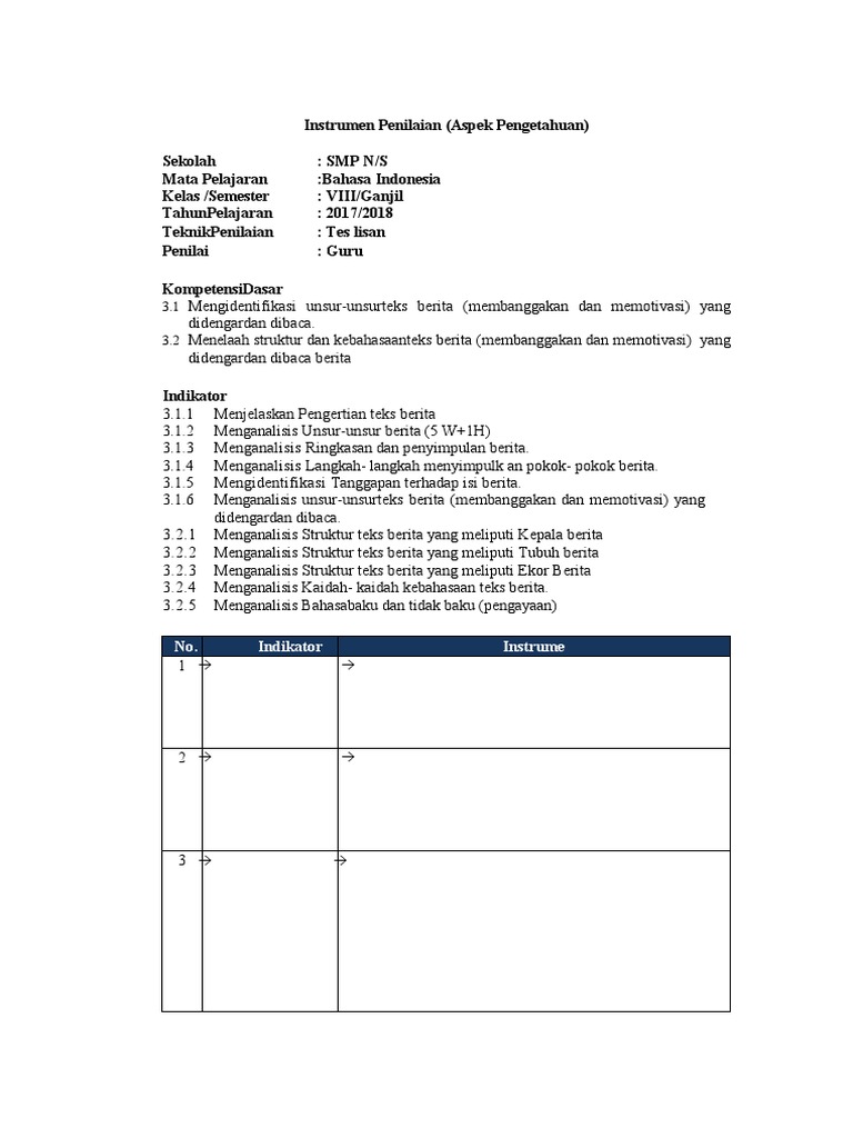 13.instrumen Penilaian Tes Lisan RPP 1 | PDF