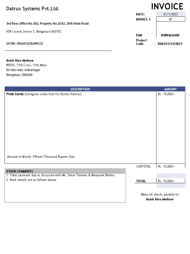 Invoice for Disney Hotstar Project | PDF