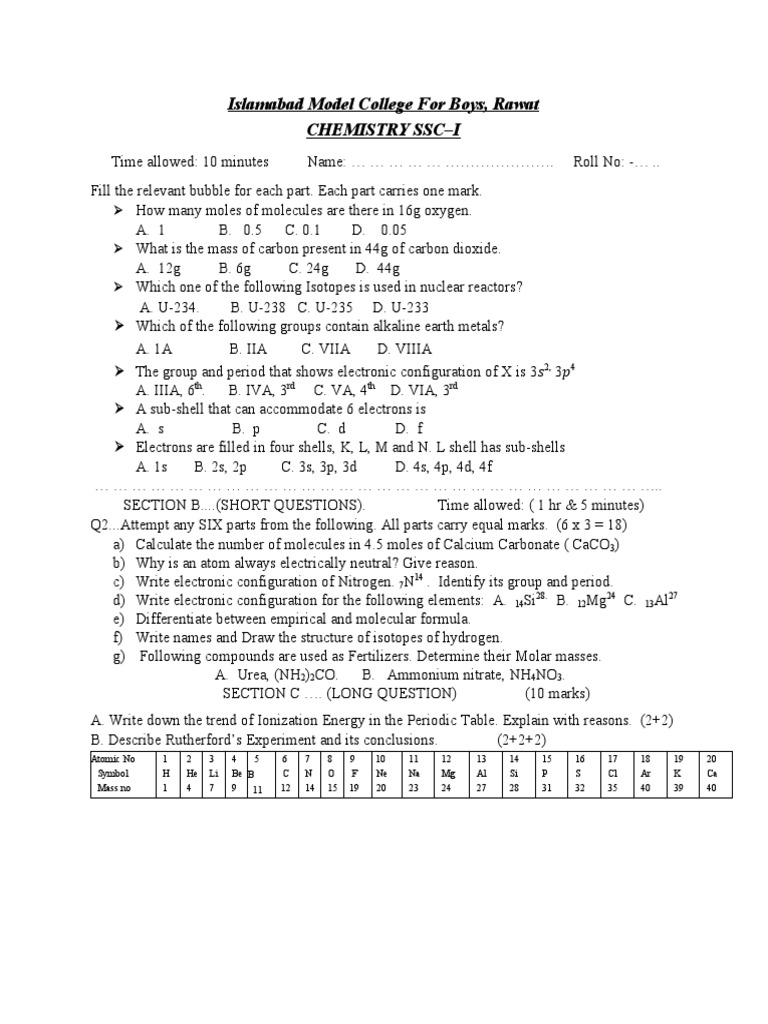 SSC 1 Chemistry Paper | PDF | Electron Configuration | Atoms