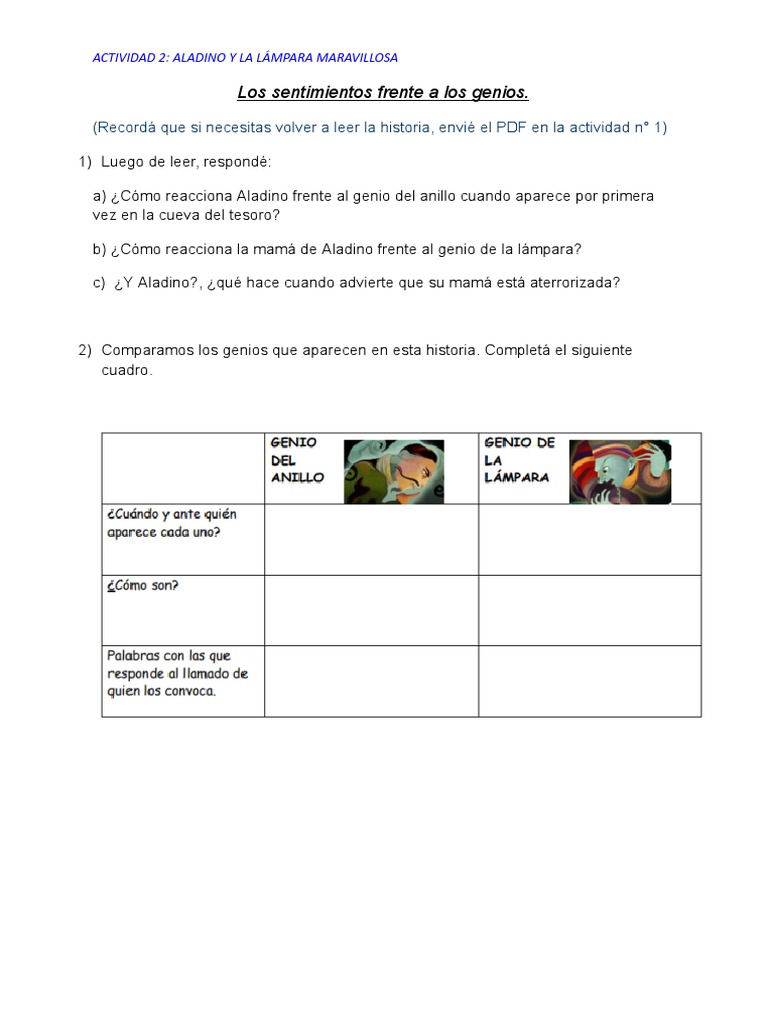 Actividad 2 - Aladino y La Lámpara Maravillosa | PDF