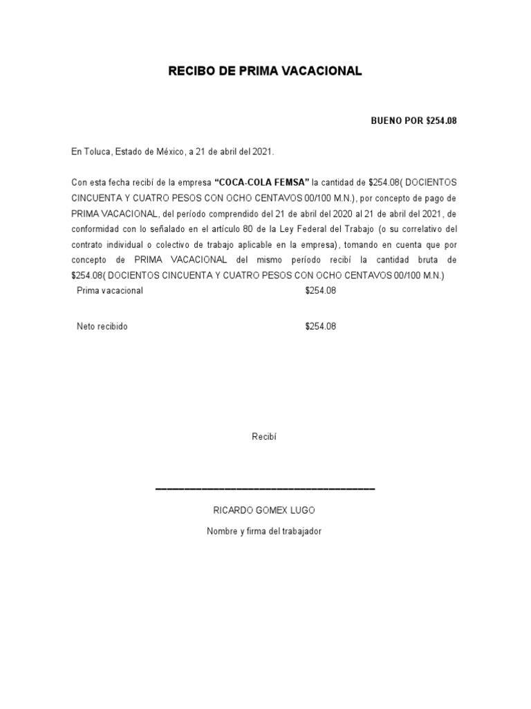 Prima Vacacional | PDF | Finanzas y dinero