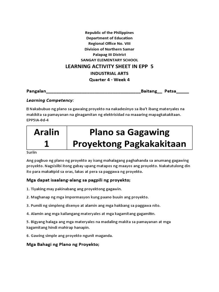 Aralin 1 Plano Sa Gagawing Proyektong Pagkakakitaan: Learning Activity ...