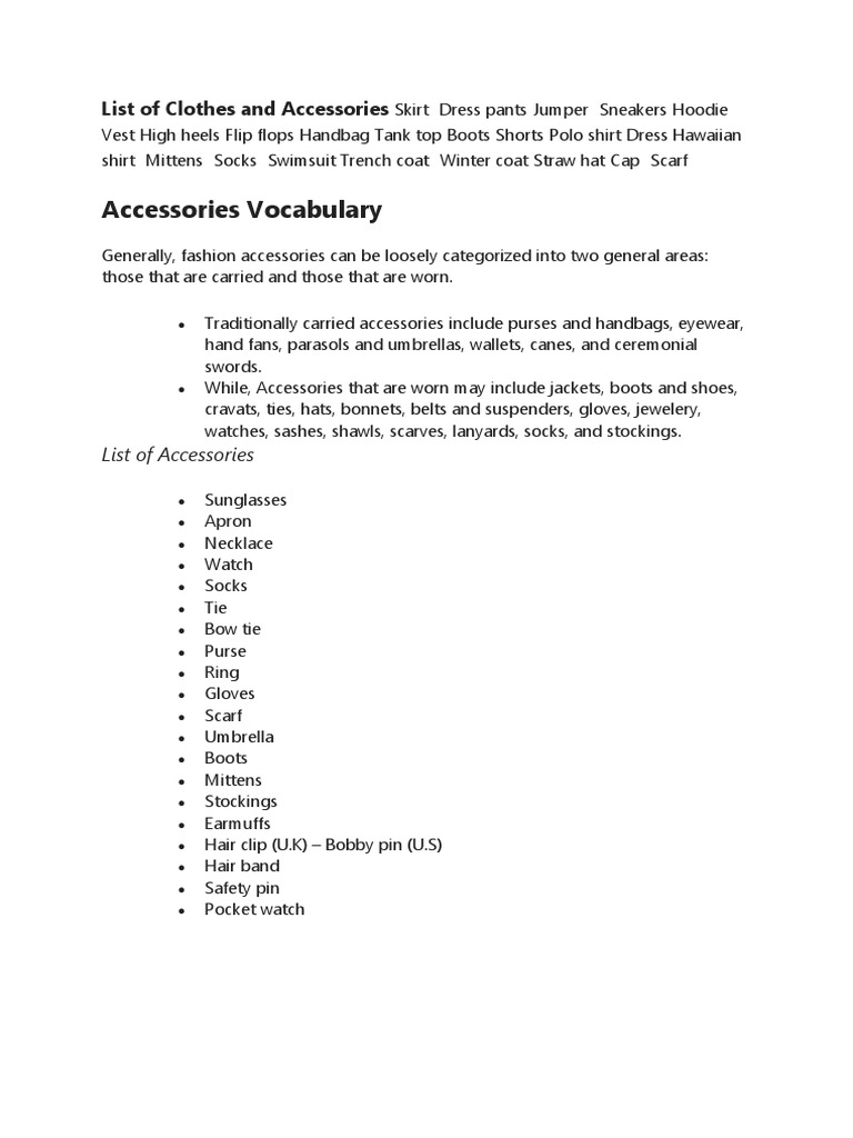 List of Clothes and Accessories... | PDF