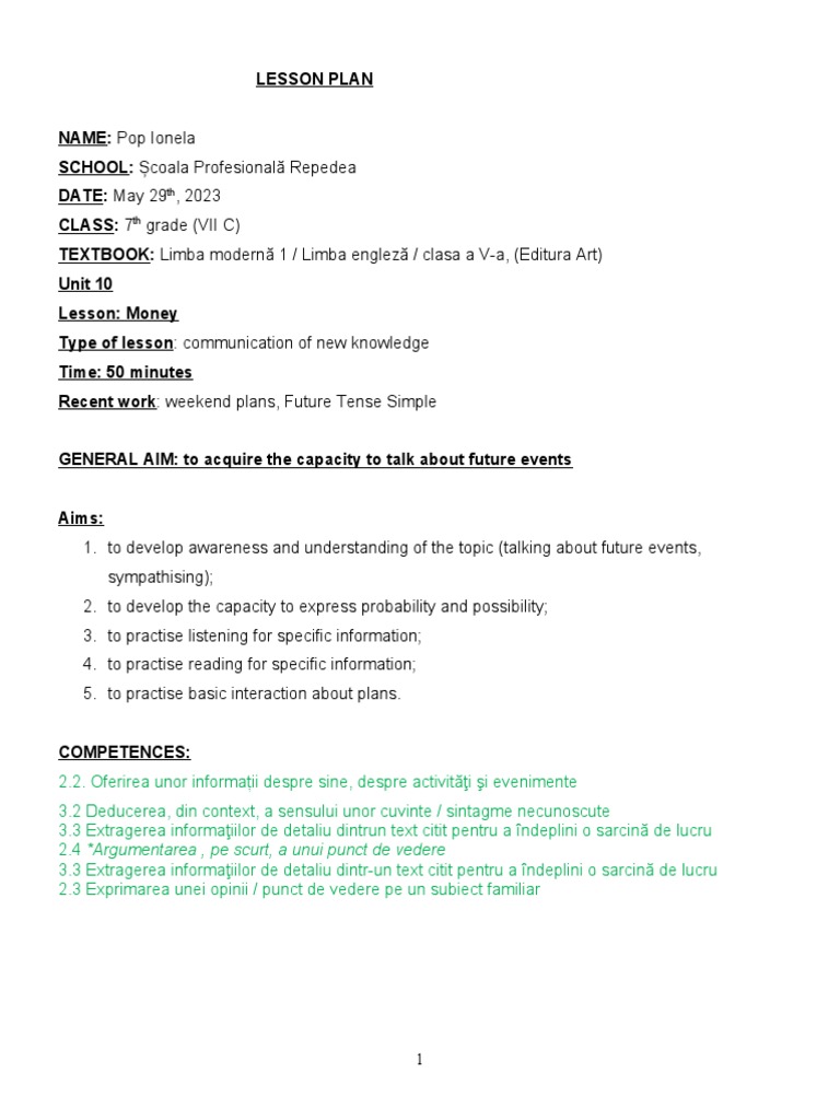 Lesson Plan 7 C Gradul 2 Ultima Insp | PDF