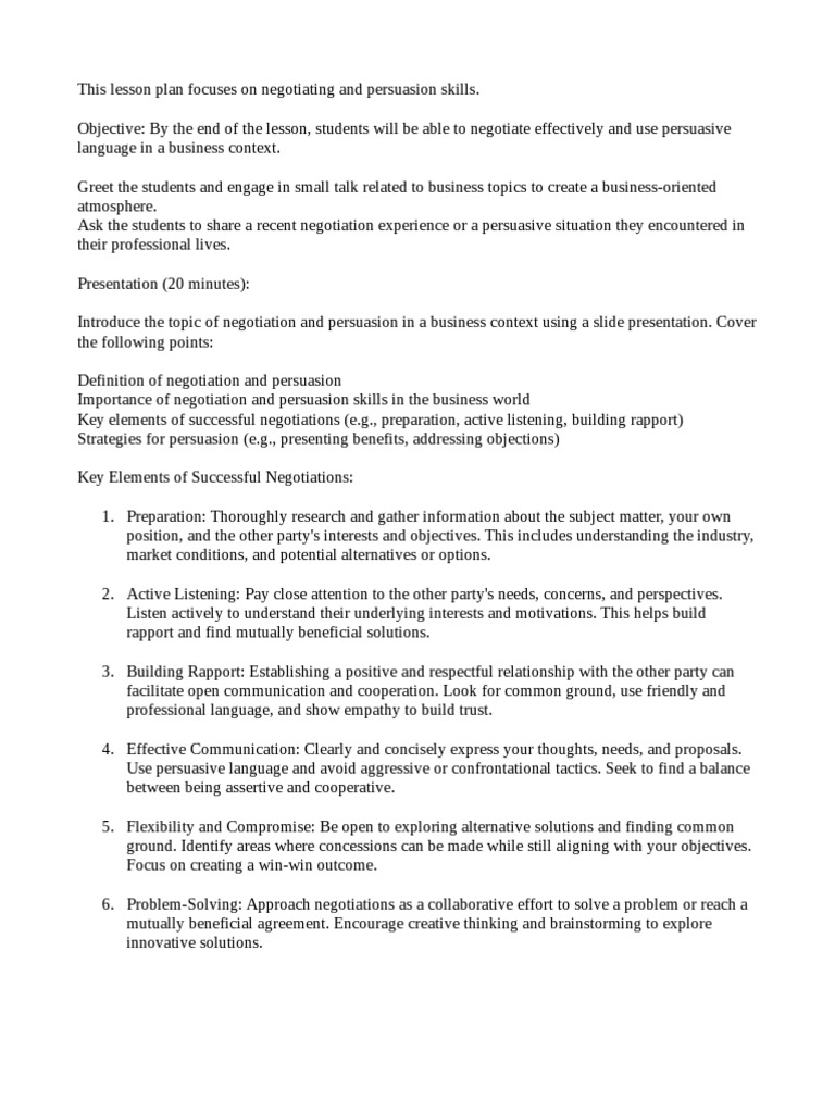 Negotiation and Persuasion Skills Lesson | PDF | Negotiation | Persuasion