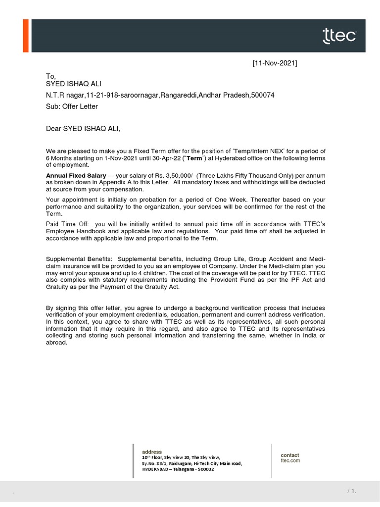 Syed Ishaq Ali - Offer Letter | PDF