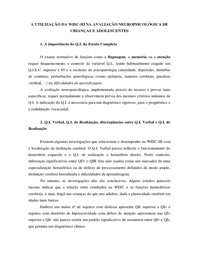 A WISC-III Na Avaliação Neuropsicológica | PDF | Quociente de ...