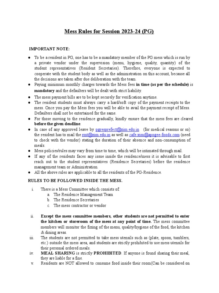 PG Mess Rules For Session 2023-24 | PDF