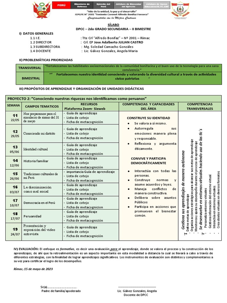 Silabo 2do Ano II-BIM - DPCC - Angela | PDF | Evaluación | Aprendizaje