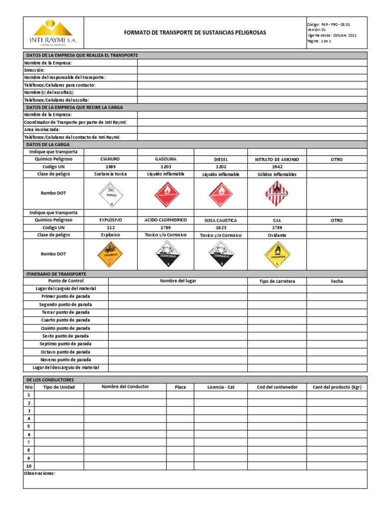 PdR-For-03.01 Formato de Transporte de Sustancias Peligrosas | PDF | Sustancias químicas | Química