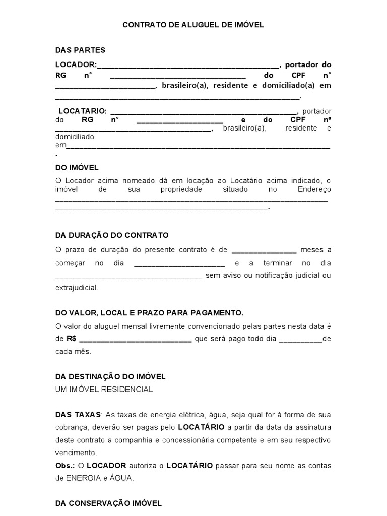 CONTRATO DE ALUGUEL - preencher | PDF