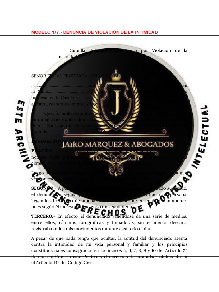 Modelo de Denuncia de Violación de La Intimidad | PDF | Violación | Derecho penal