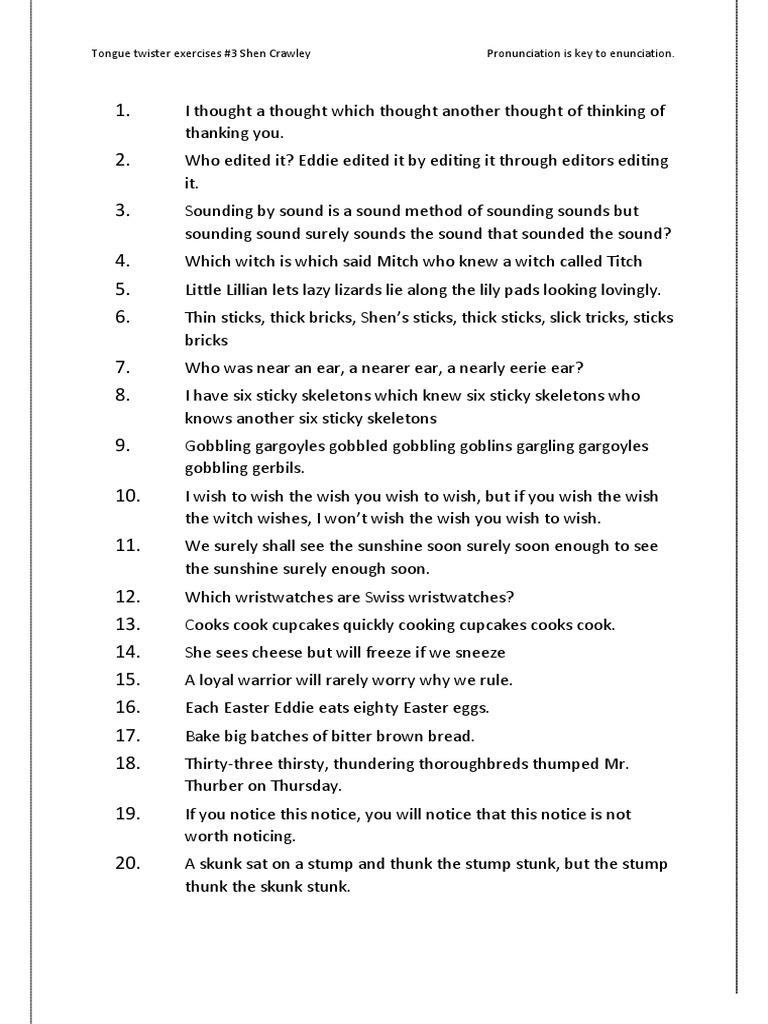 Tongue Twister Exercises for Pronunciation | PDF