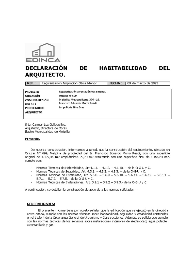07 Declaracion de Habitabilidad | PDF | Ingeniero civil | Materiales