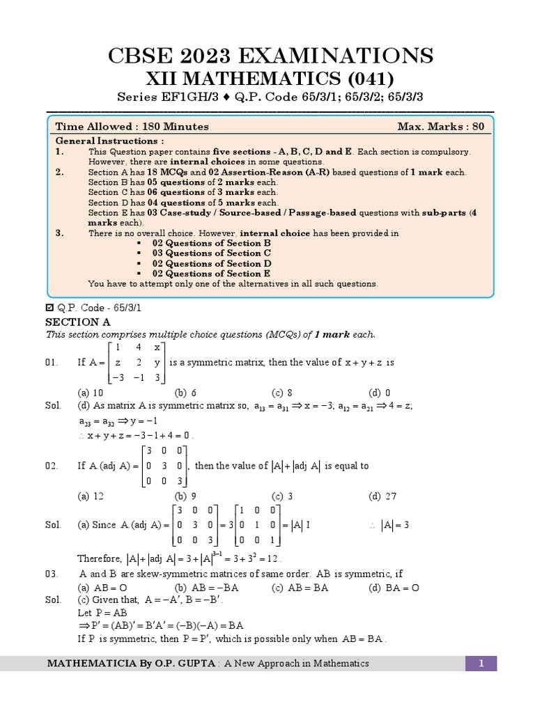 Solved CBSE XII Maths (EF1GH-3) | PDF