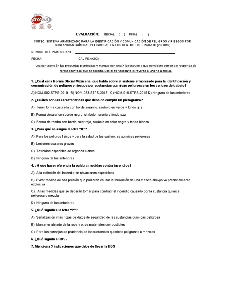 Examen Diagnostico Nom 018 | PDF