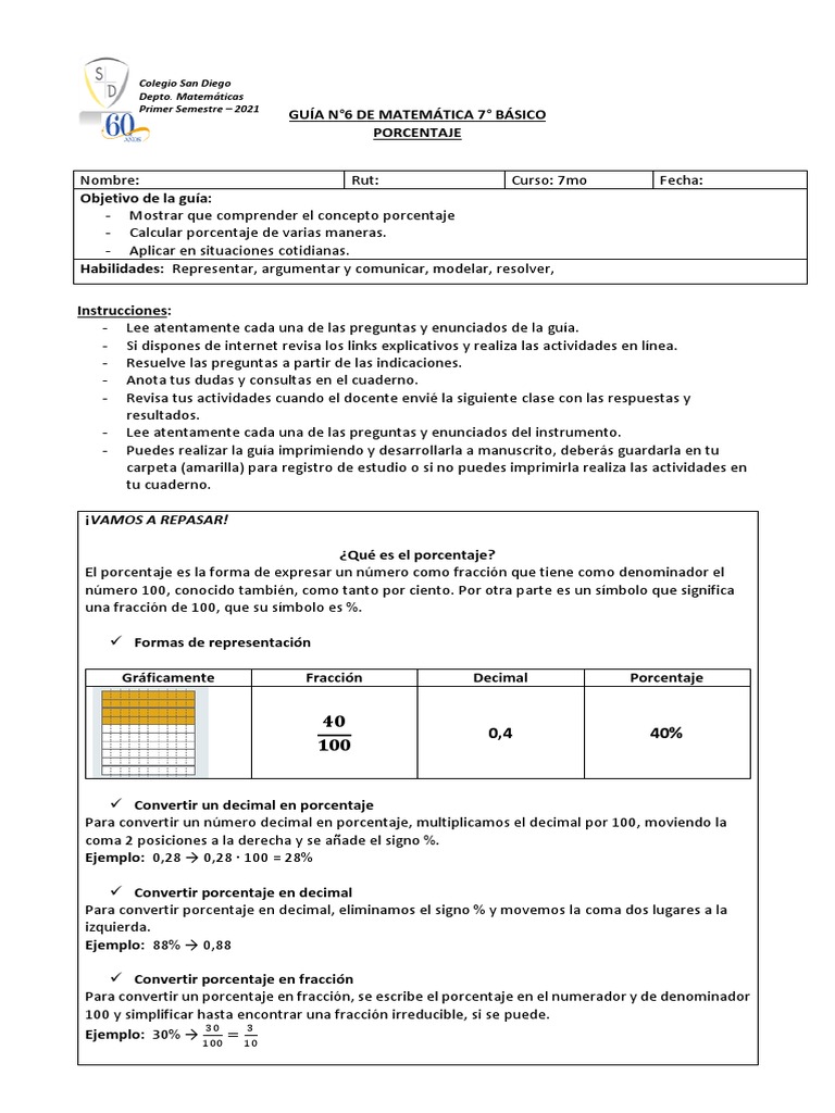 Guía de Porcentaje para 7° Básico | PDF | Porcentaje | Notación Matemática