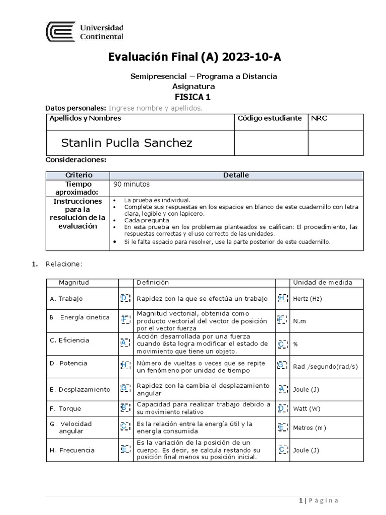 Examen Final de Fisica 1 Recuperacion102030 | PDF | Vector Euclidiano | Tiempo espacial