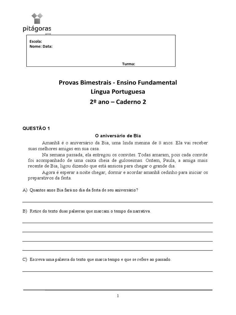 Língua Portuguesa - 2º Ano - Prova B 2 P | PDF | Cães