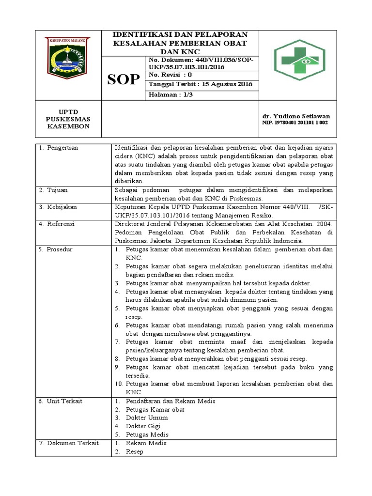 Sop Identifikasi Dan Pelaporan Kesalahan Pemberian Obat Dan KNC | PDF
