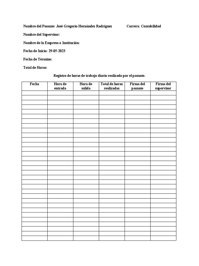 Hoja de Horas de Pasantía | PDF