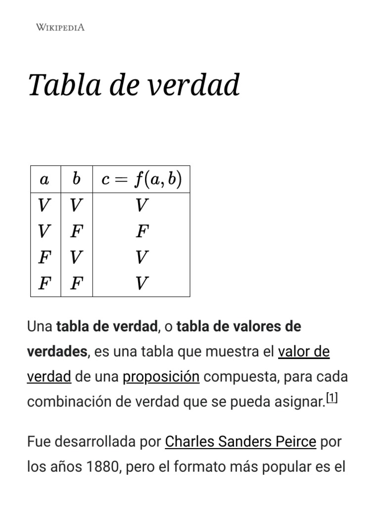 Tabla de Verdad - Wikipedia, La Enciclopedia Libre | PDF