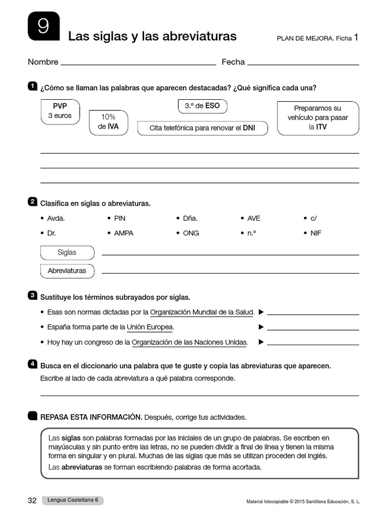 Ejercicios de Siglas y Abreviaturas 6º | PDF