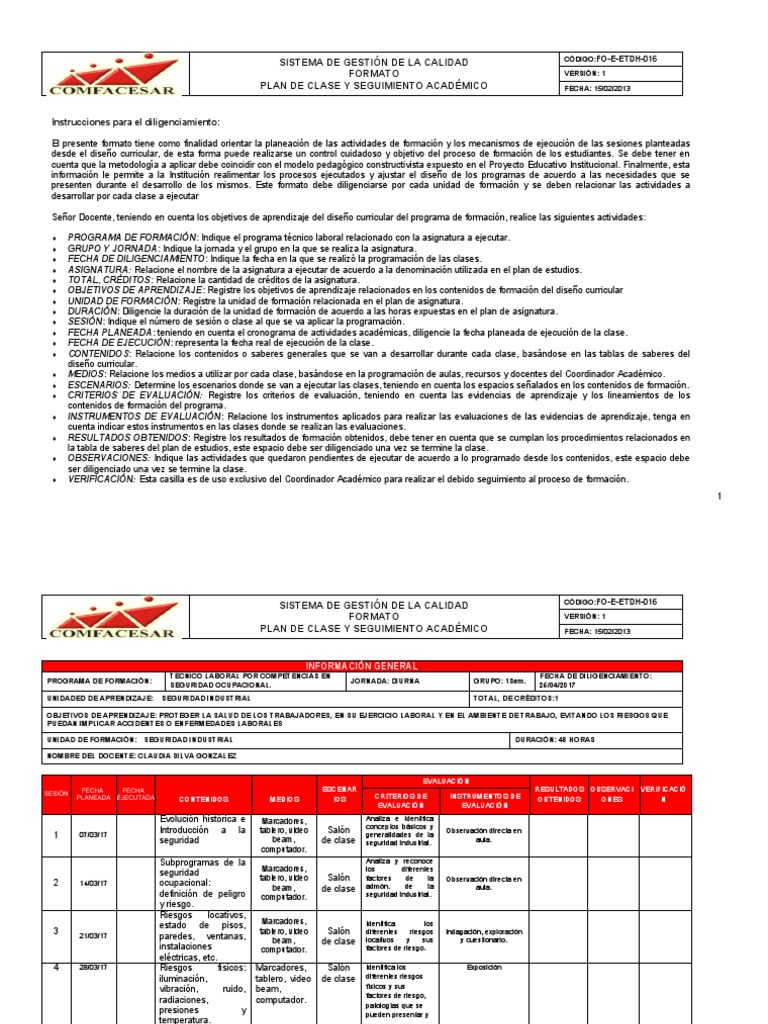 Plan de Clase Seguridad Industrial Mañana | PDF | Plan de estudios | Seguridad y salud ocupacional