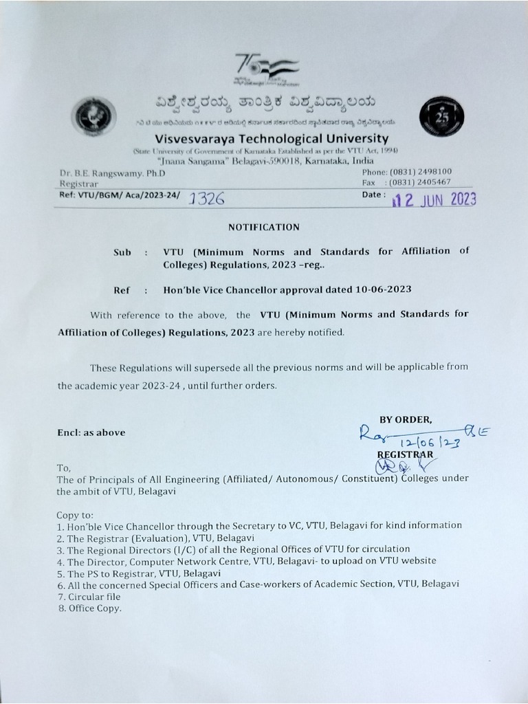 VTU Minimum Norms and Standards For Affiliation of Colleges Regulations 2023 | PDF | College ...