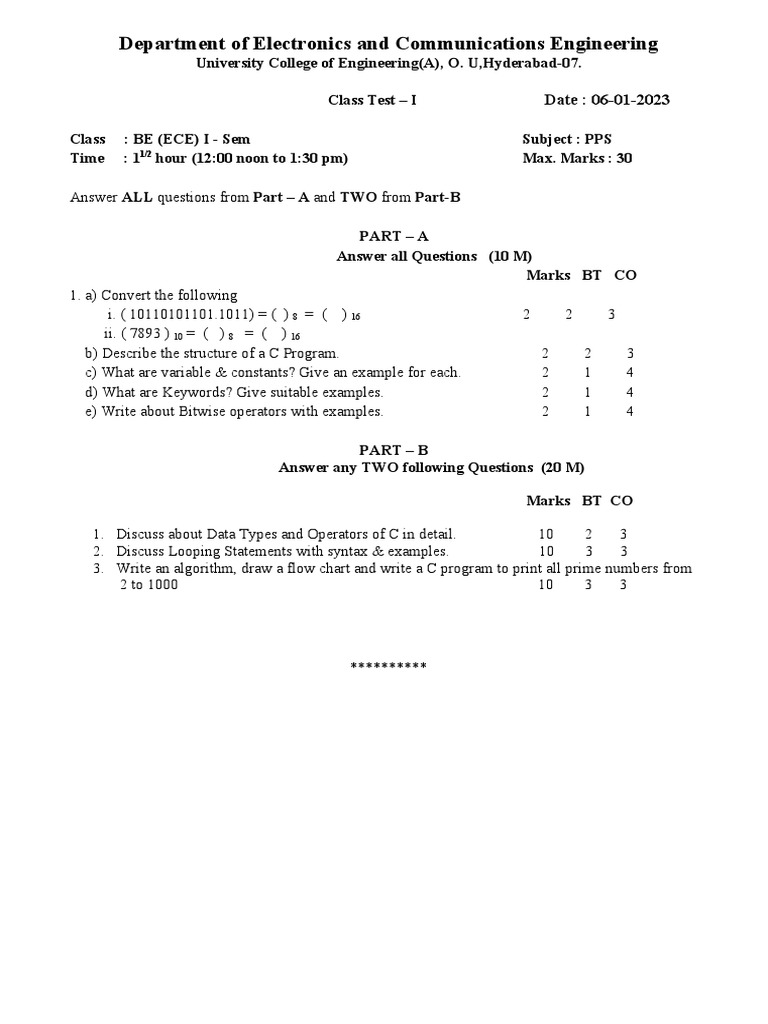 Be (Ece) PPS Ct-I QP 2023 | PDF