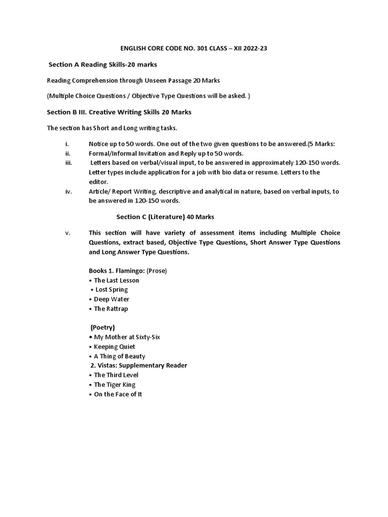 ENGLISH CLASS-11 Syllabus | PDF