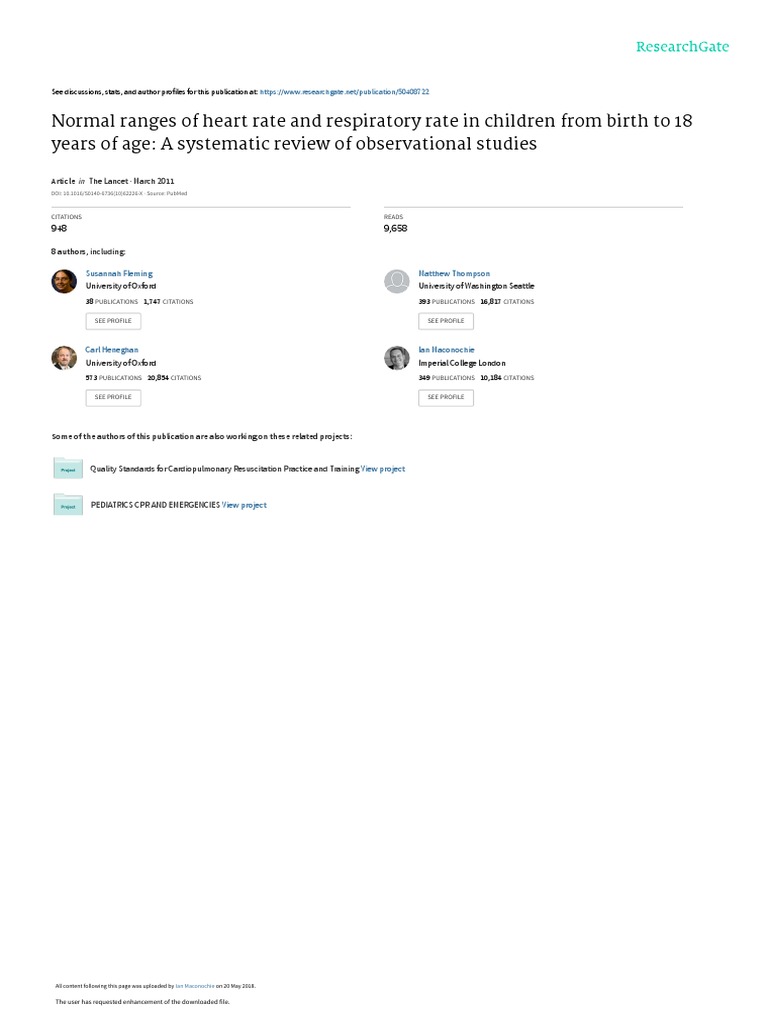 Normal Ranges of Heart Rate and Respiratory Rate I | PDF