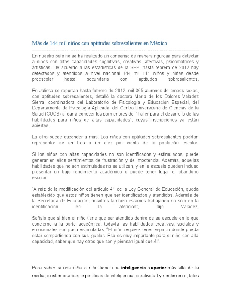 Más De 144 Mil Niños Con Aptitudes Sobresalientes En México Pdf