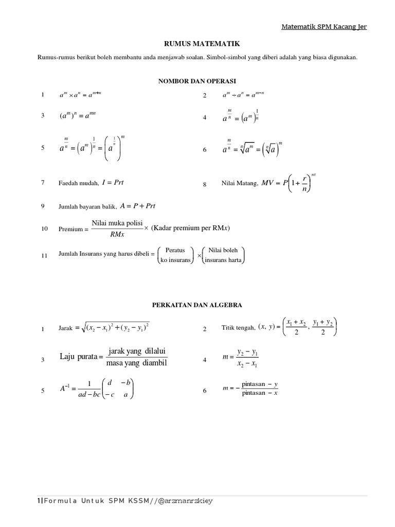 Formula SPM KSSM | PDF