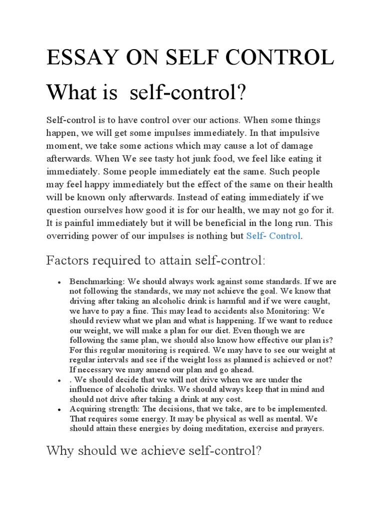 Essay On Self Control | PDF | Self Control | Self-Management