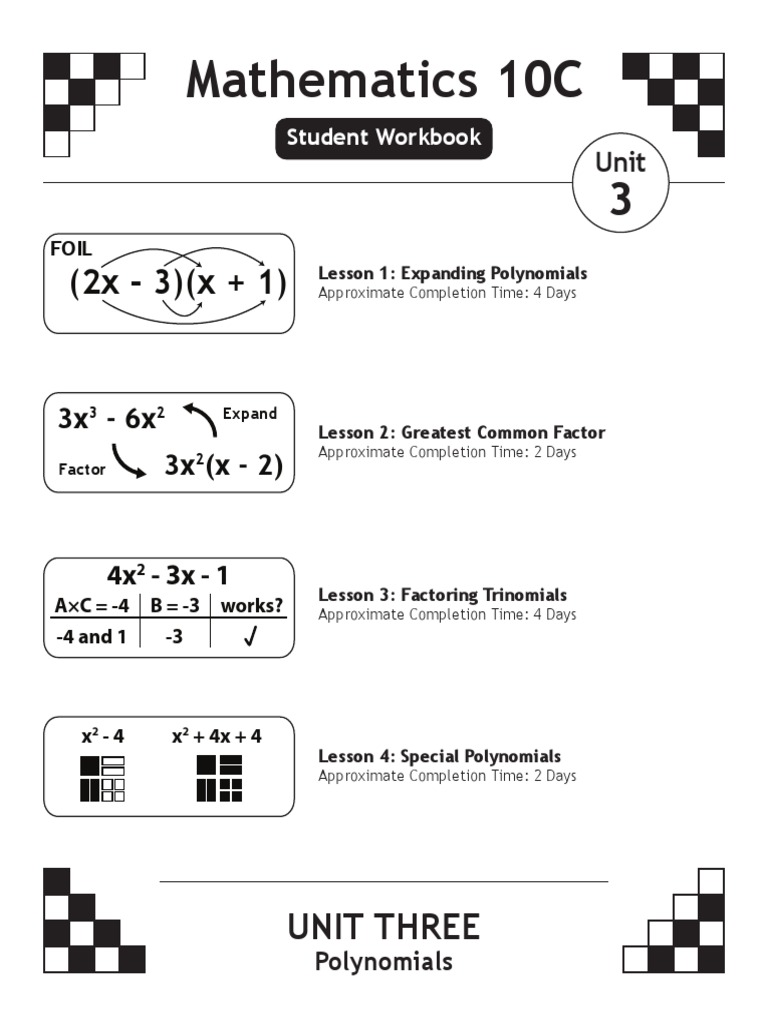 Math 10C - Unit 3 Workbook | PDF | Factorization | Area