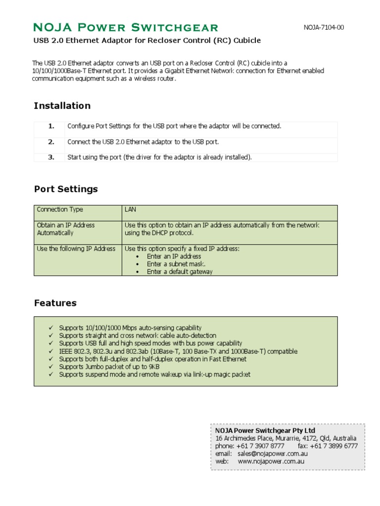 NOJA-7104-00 USB 2.0 Ethernet Adapter | PDF