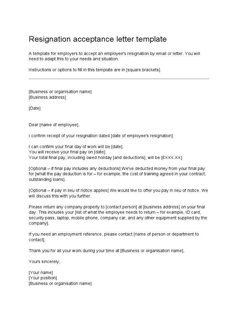 Resignation Acceptance Letter Template