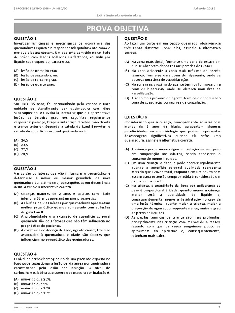 Queimaduras: Questões do Processo Seletivo 2018 | PDF