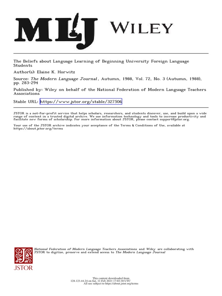 Horwitz 1988 L2 Beliefsabout Lang Learning | PDF | Fluency | Second Language