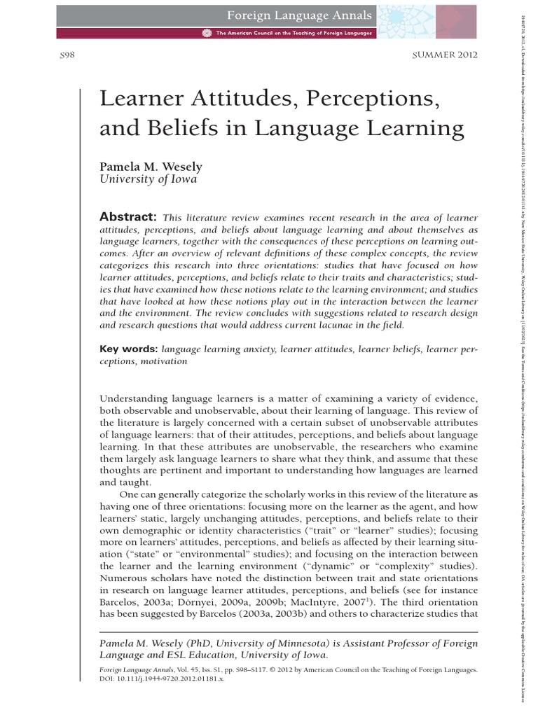 Wesely 2012 Learner Attitudes Perceptions Beliefs | PDF | Learning | Attitude (Psychology)