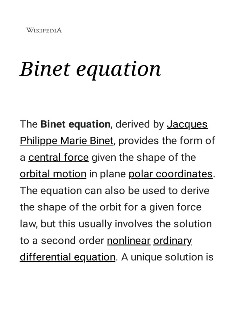 Binet Equation - Wikipedia | PDF | Physics | Mechanics