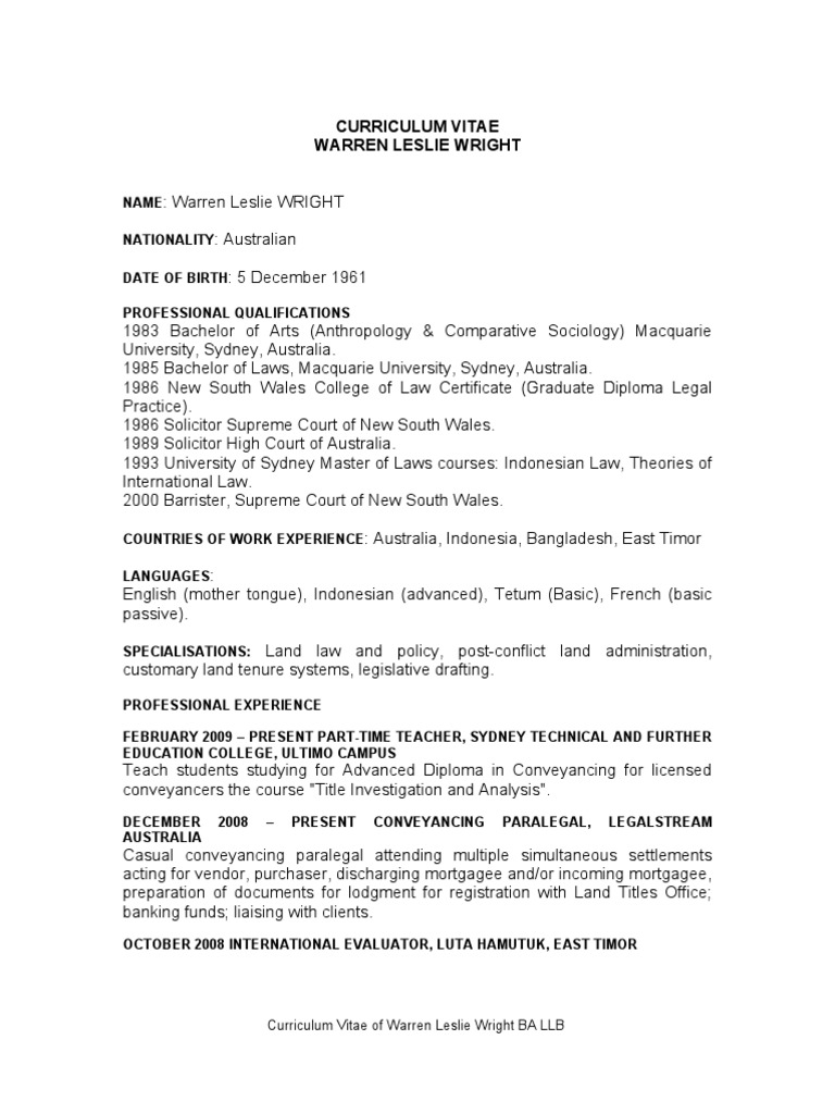 Warren Leslie Wright Curriculum Vitae | PDF | East Timor | Solicitor