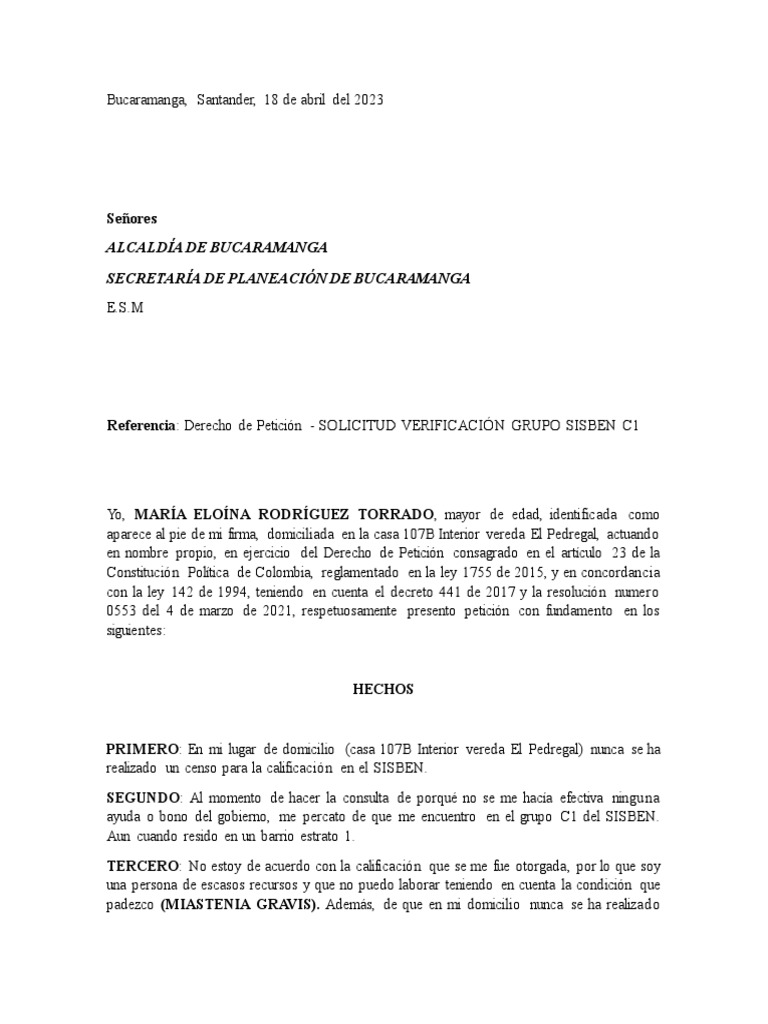 Solicitud de Verificación SISBEN C1 | PDF | Derecho