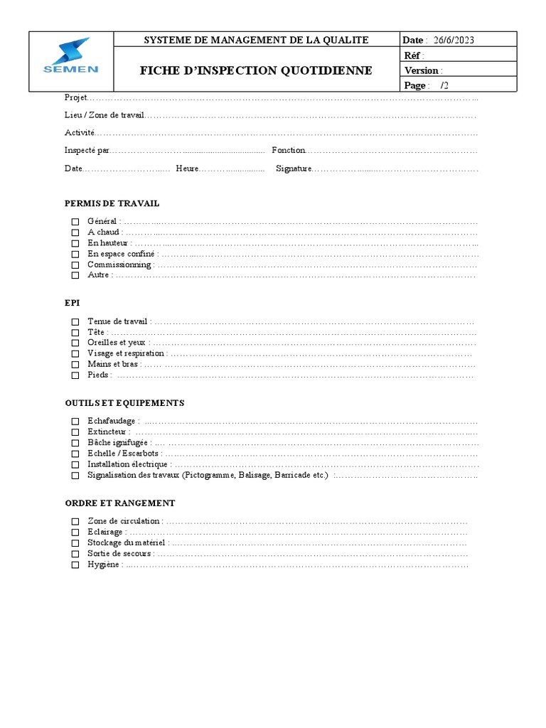 Fiche D'inspection Quotidienne | PDF