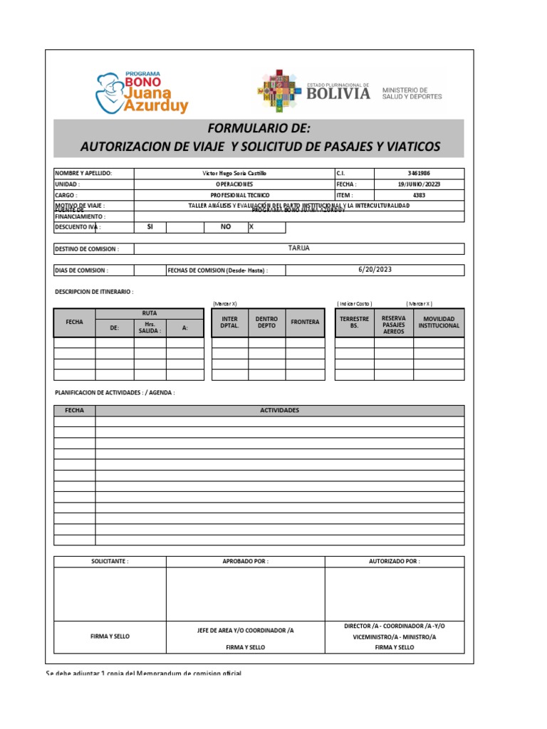 Formulario de Autorizacion de Viaje y Solicitud de Pasajes y Viaticos | PDF