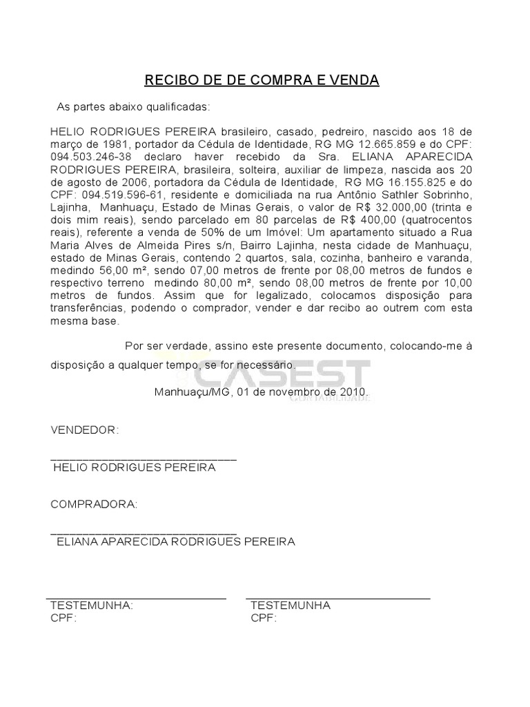 Modelo de Recibo de Compra e Venda | PDF